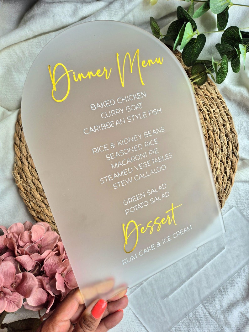 Frosted Acrylic Wedding Dinner Menu Sign: Gold Font, A4 Arched Design ...