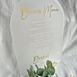 Frosted Acrylic Wedding Dinner Menu Sign: Gold Font, A4 Arched Design ...