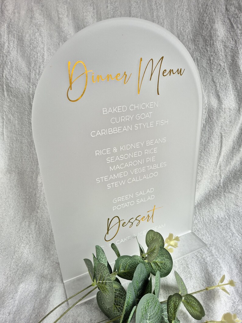 Frosted Acrylic Wedding Dinner Menu Sign: Gold Font, A4 Arched Design ...