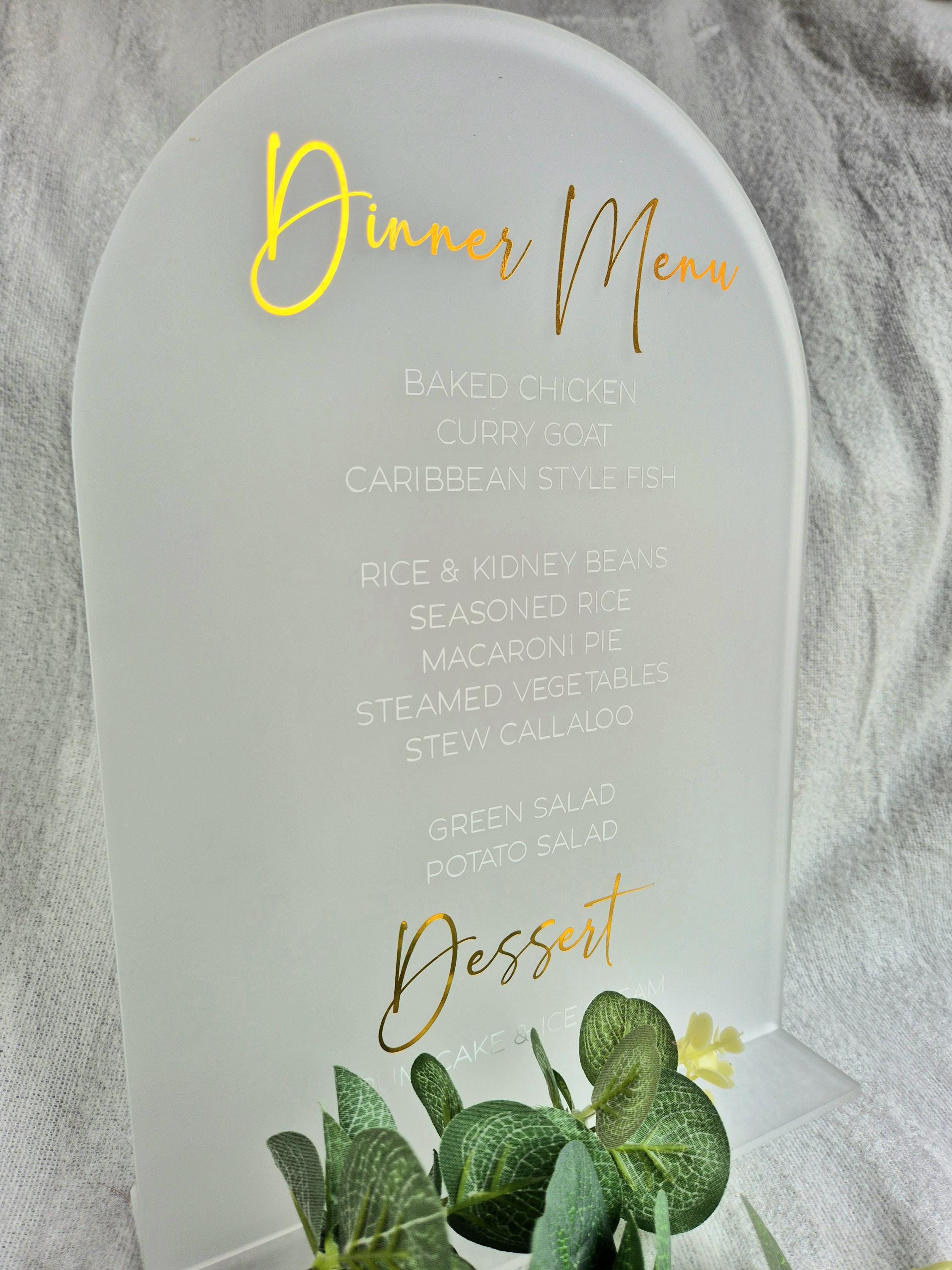 Frosted Acrylic Wedding Dinner Menu Sign: Gold Font, A4 Arched Design ...