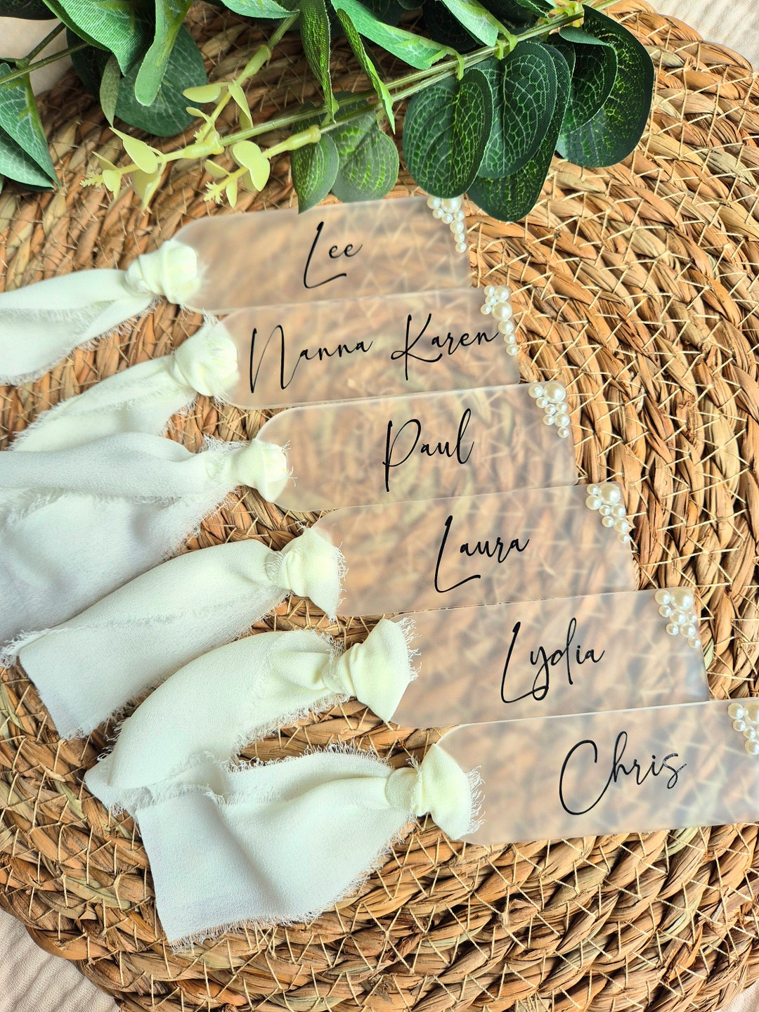 Frosted Pearl Wedding Place Names, Black Font, Name Tag, Table Decor ...