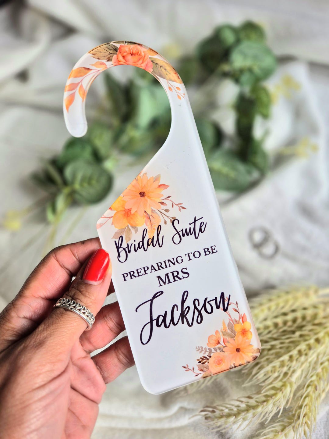 Personalized Bridal Suite Door Hanger: Orange Floral Acrylic Wedding ...