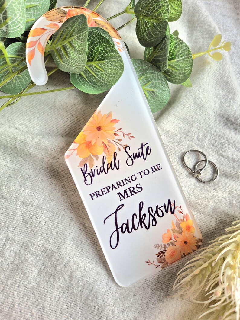 Personalized Bridal Suite Door Hanger: Orange Floral Acrylic Wedding ...