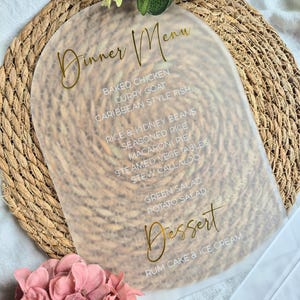 Frosted Acrylic Wedding Dinner Menu Sign: Gold Font, A4 Arched Design ...