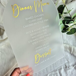 Frosted Acrylic Wedding Dinner Menu Sign: Gold Font, A4 Arched Design ...