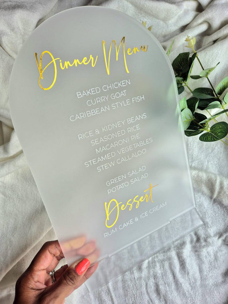 Frosted Acrylic Wedding Dinner Menu Sign: Gold Font, A4 Arched Design ...