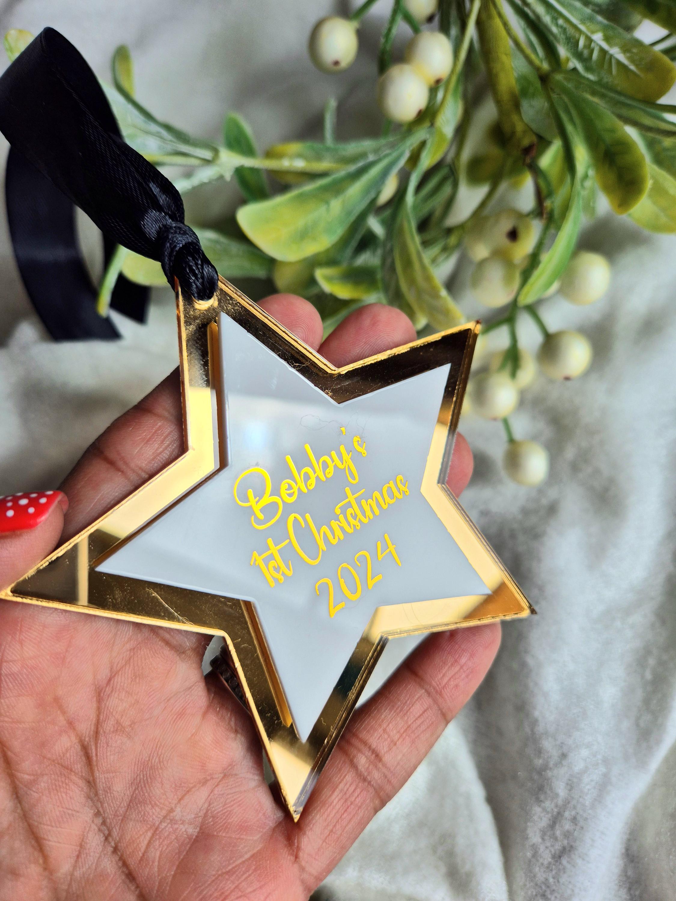 Personalized First Christmas Ornament: Mirrored Gold Star Tree Decor - Etsy