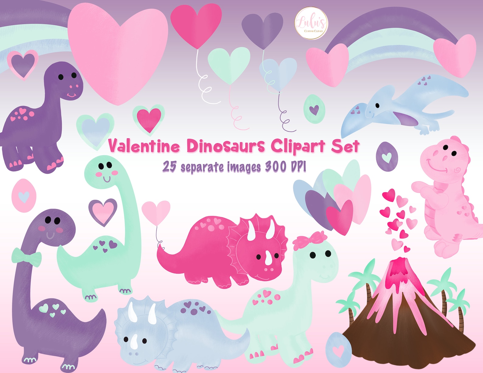 Valentine Dinosaur Clipart Set Dinosaur Clipart Heart | Etsy