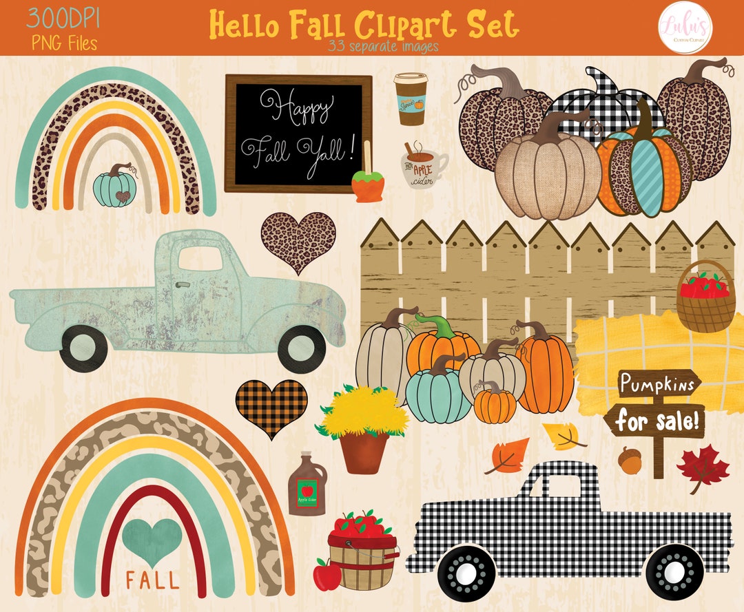 Hello Fall Clipart - Fall Boho Rainbow Clipart - Vintage Truck Clipart ...