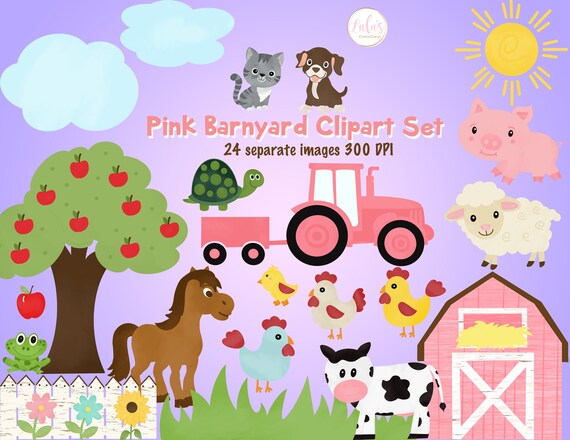 Pink Barnyard Clipart Pink Tractor Clipart Farm Animal | Etsy