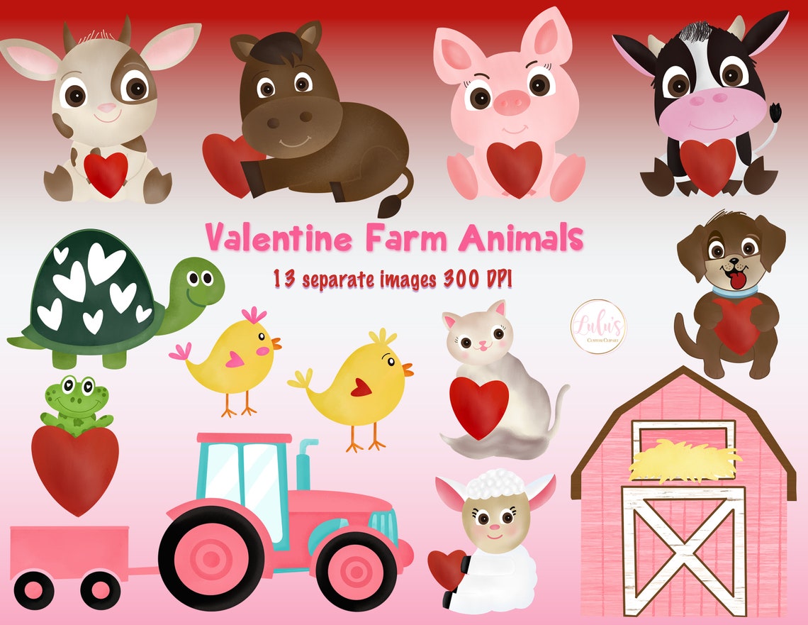Valentine Farm Animals Clipart Set- Farm Animal Clipart - Heart Clipart ...