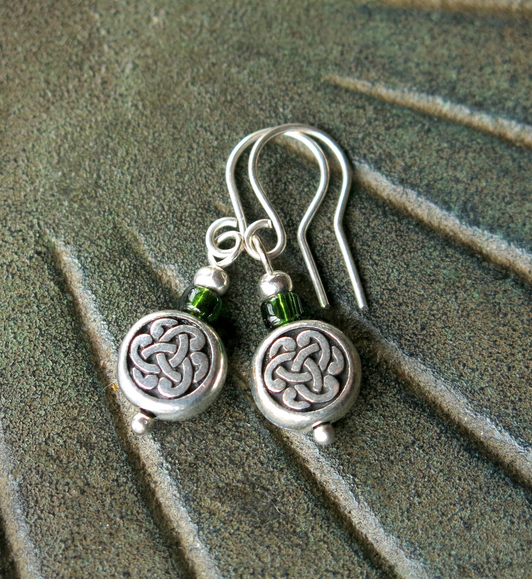 Silver Celtic Knot Earrings: Emerald Green Bead Dangle With Sterling ...