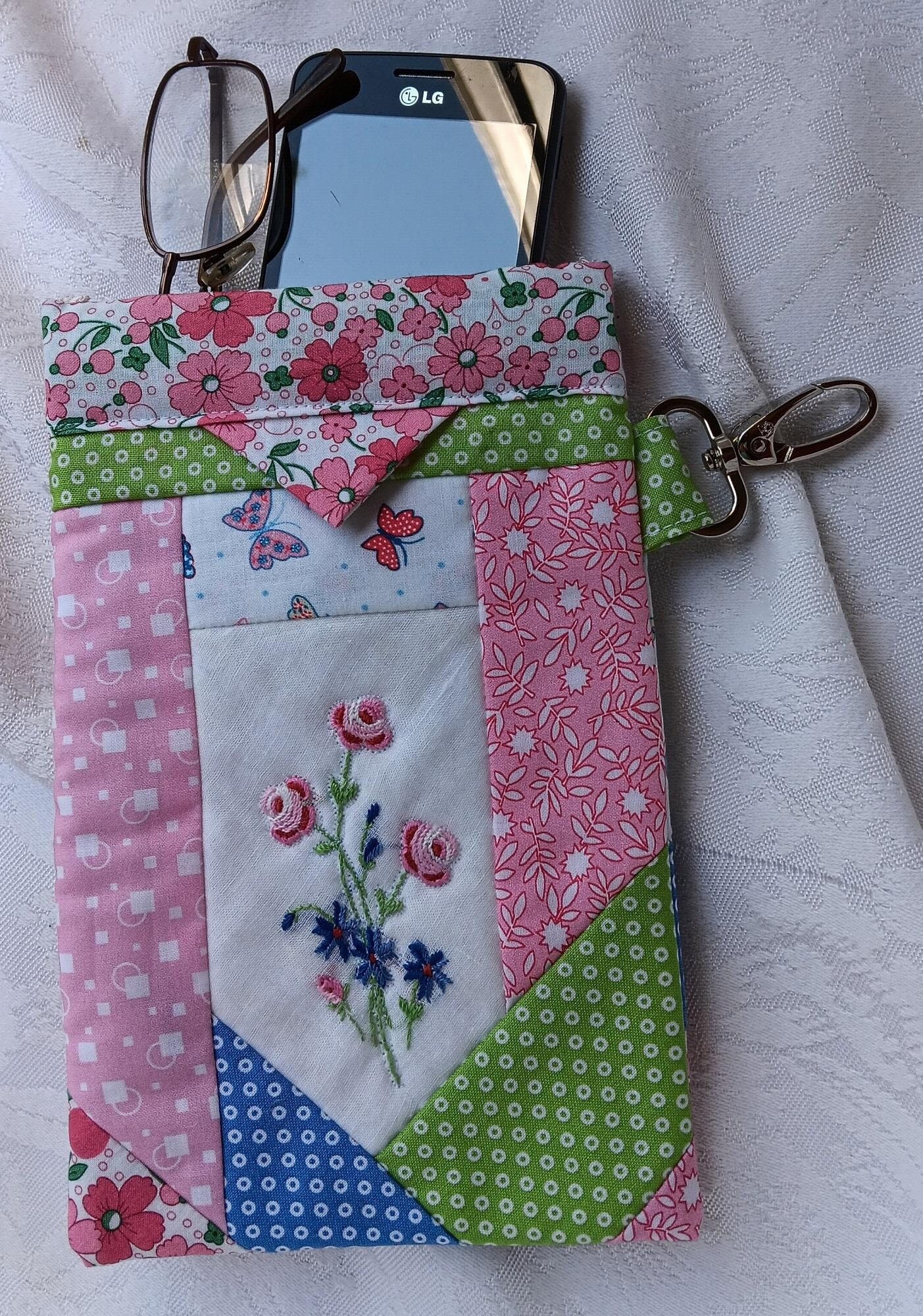 Small Purse, Clip-on Bag, Pink Rose, Blue Daisy, Repurposed Linen ...