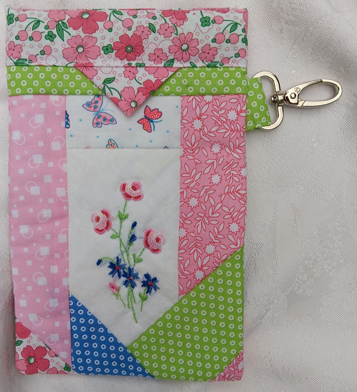 Small Purse, Clip-on Bag, Pink Rose, Blue Daisy, Repurposed Linen ...