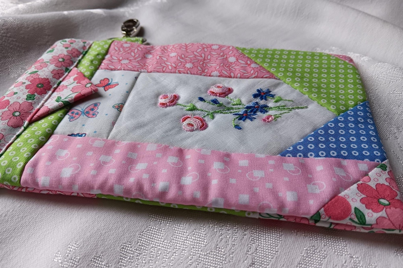Small Purse, Clip-on Bag, Pink Rose, Blue Daisy, Repurposed Linen ...
