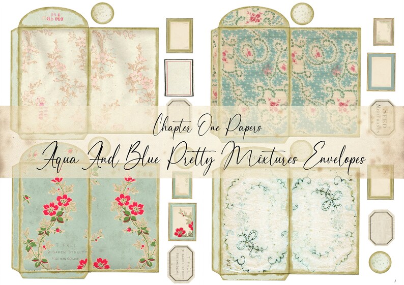 Aqua & Blue Pretty Mixtures Envelopes Junk Journal Ephemera Kit (US ...
