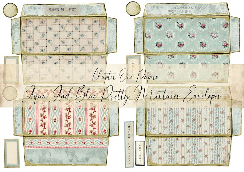 Aqua & Blue Pretty Mixtures Envelopes Junk Journal Ephemera Kit (US ...