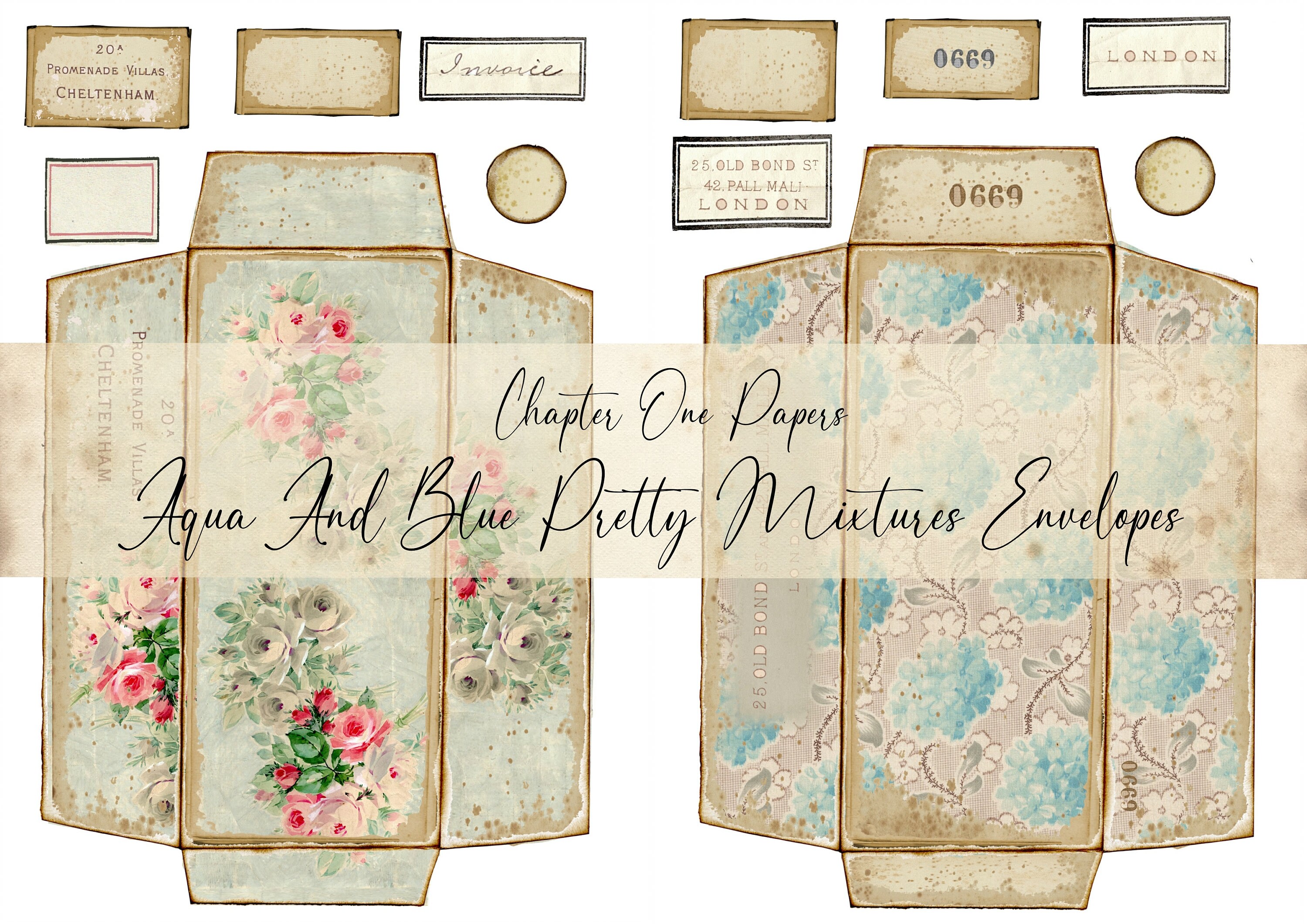 Aqua & Blue Pretty Mixtures Envelopes Junk Journal Ephemera Kit (US ...