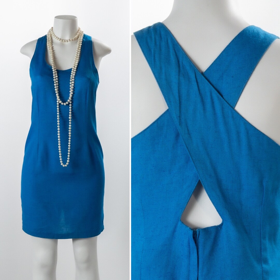Vintage 1980 Mini Sundress, Blue Open Back Linen Dress With Cross Back ...