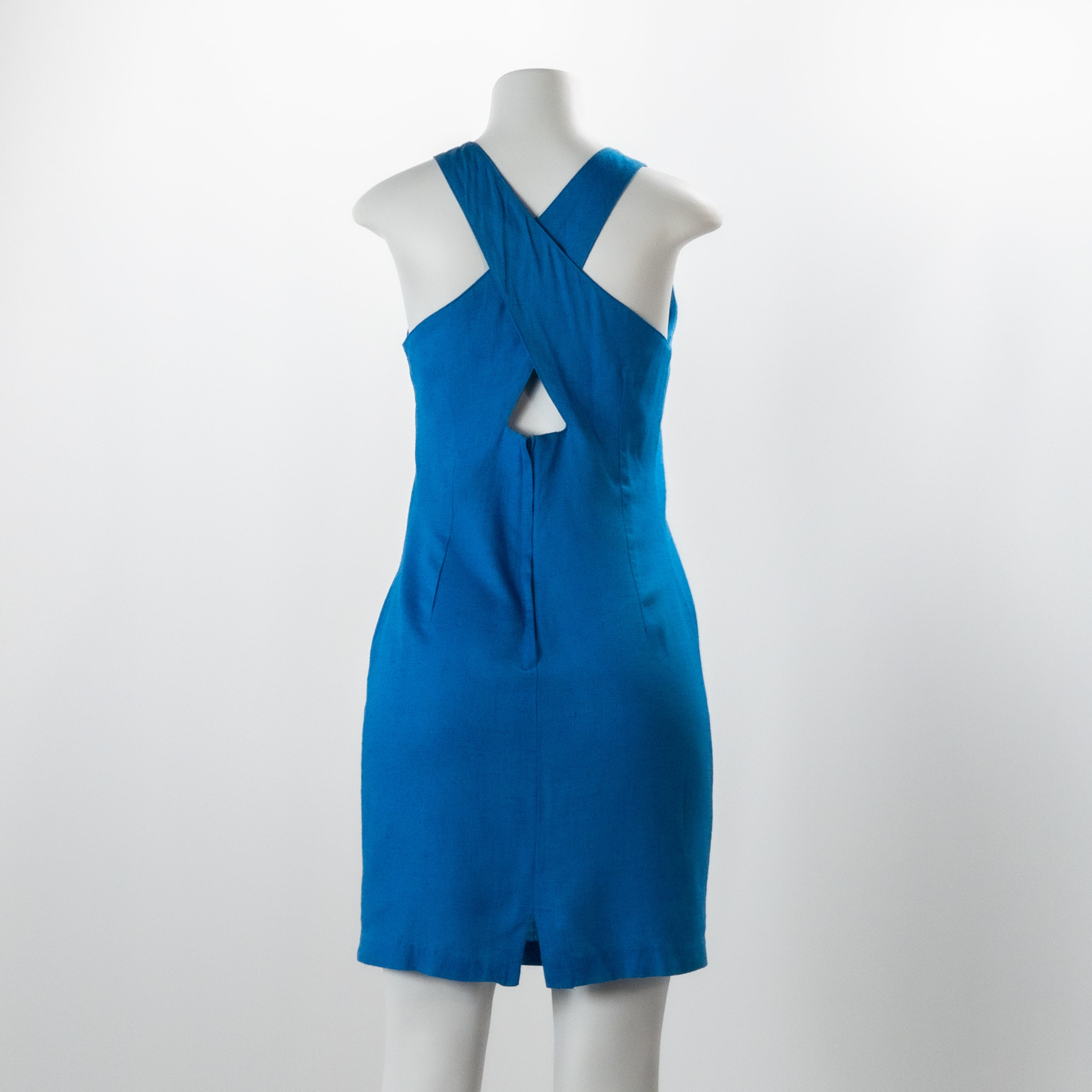 Vintage 1980 Mini Sundress, Blue Open Back Linen Dress With Cross Back ...