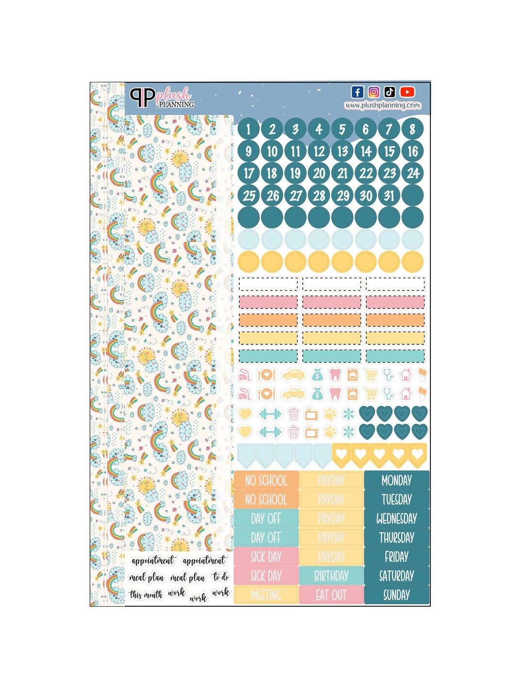 Clouds and Rainbow Planner Stickers Kit, Laurel Denise, Removable Matte ...
