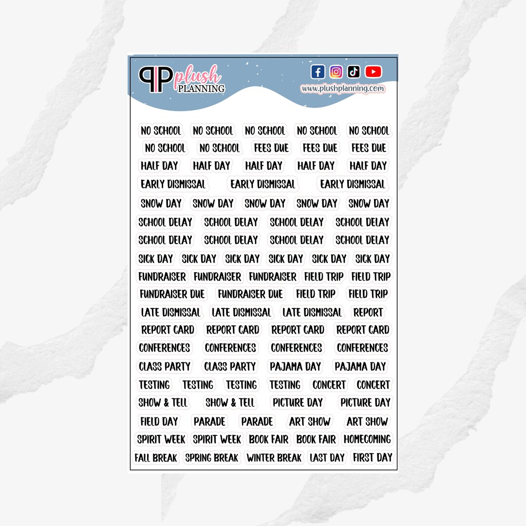 School Events Scripts Tracker Planner Stickers, Black Color, Plush ...