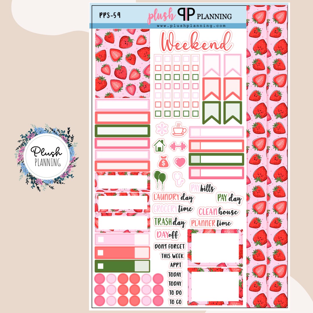 Kawaii Strawberry Design Planner Stickers Sampler, Strawberry Pattern ...
