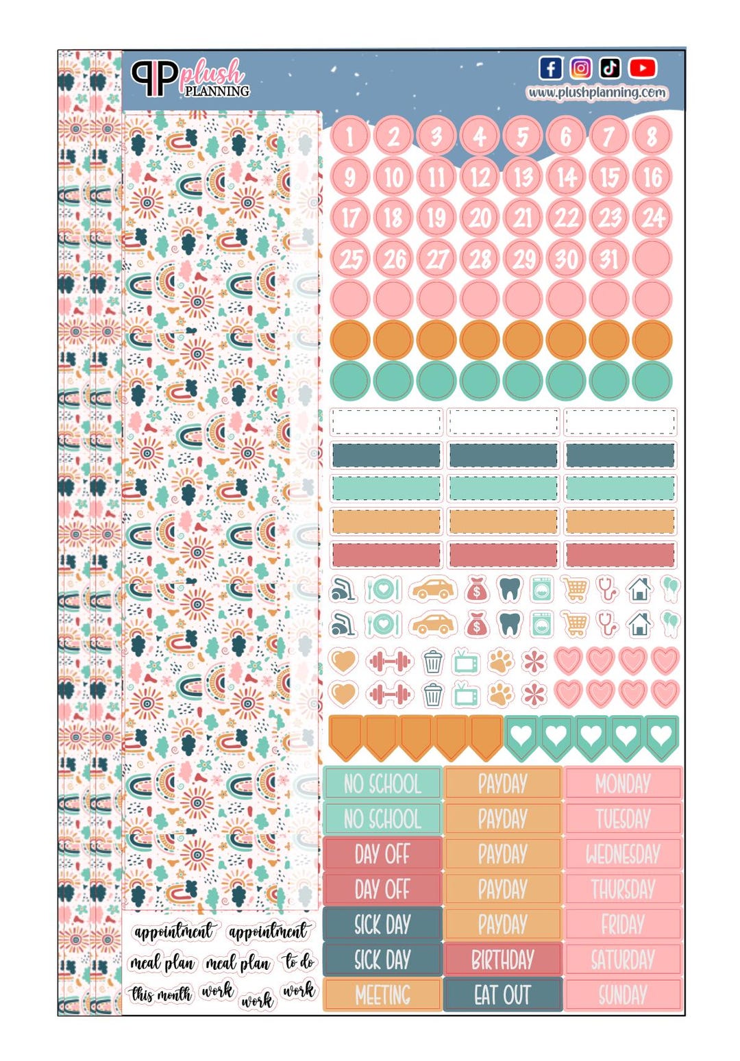 Retro Rainbows and Sun Design Planner Stickers, Laurel Denise Monthly ...