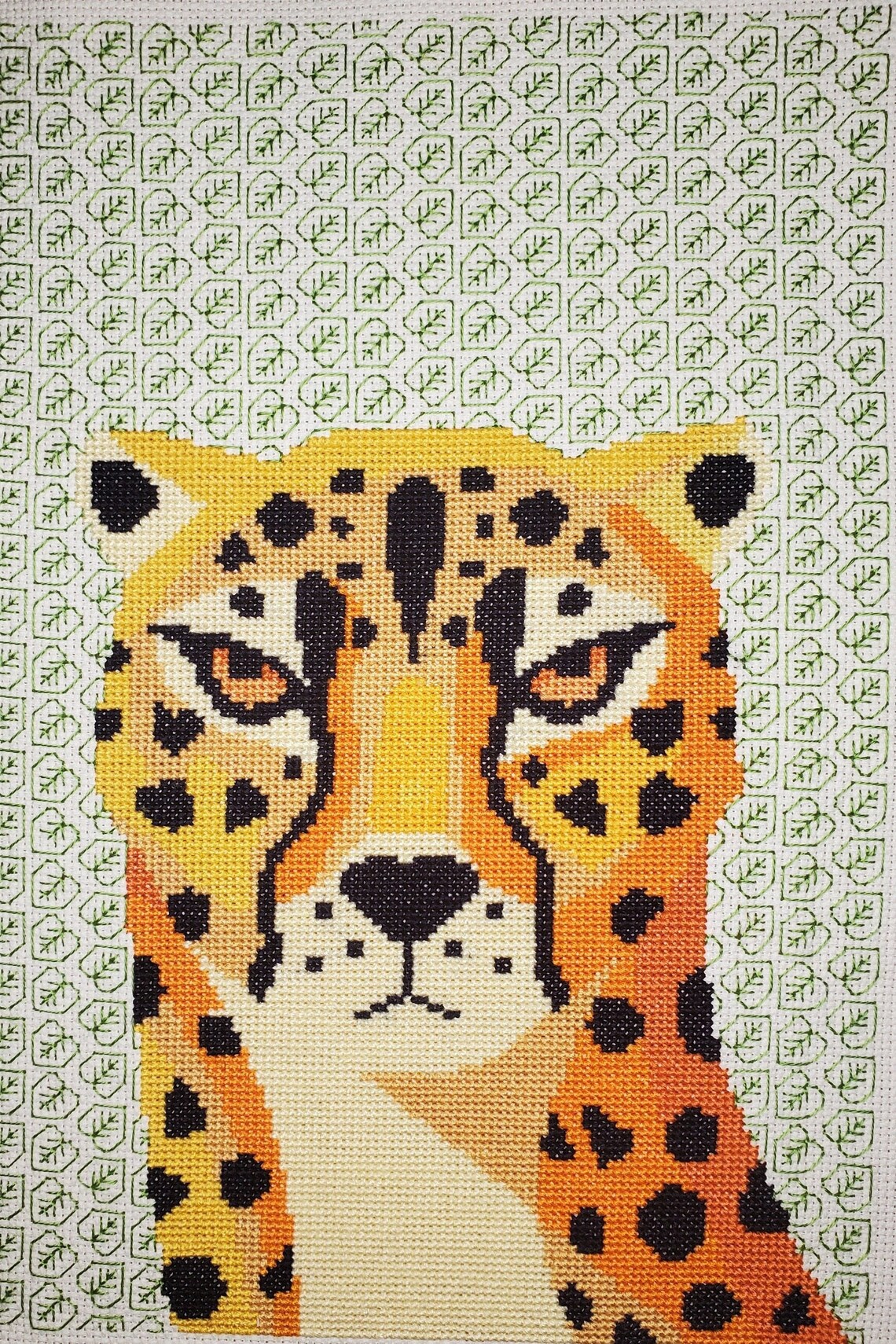 Modern Cheetah Crossstitch Pattern With Leafy Blackwork Background PDF ...