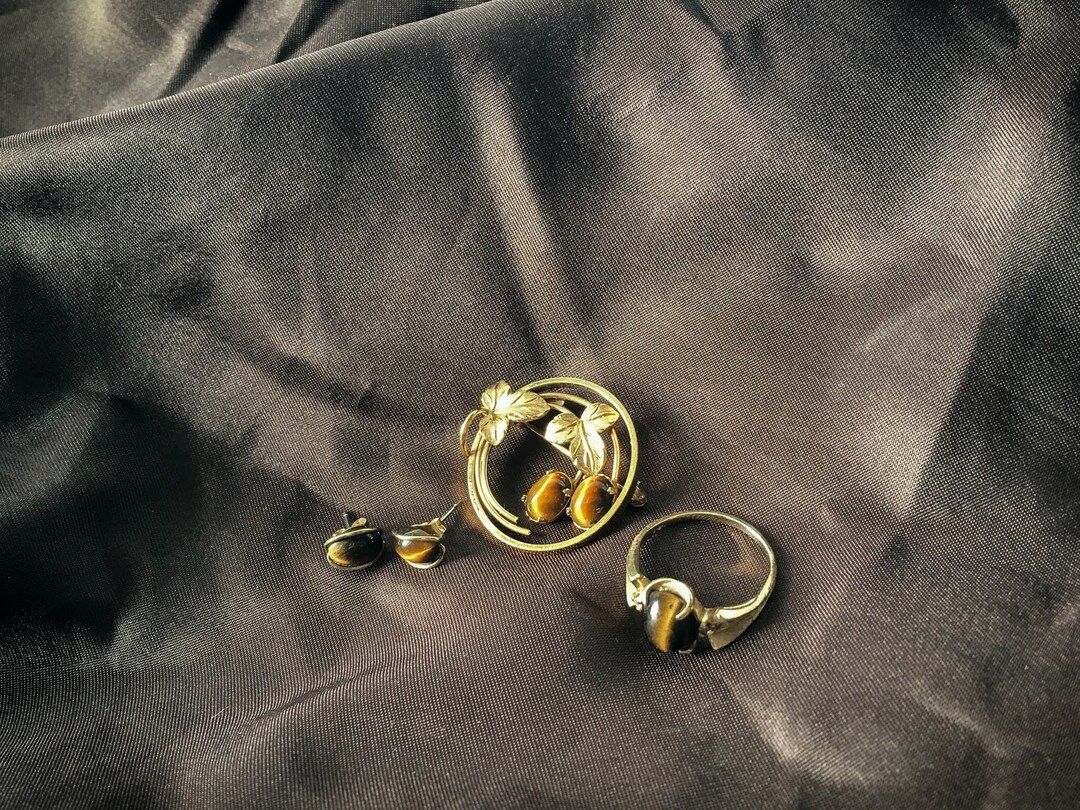 Vintage WELLS Tigers Eye Ring, Pin, and Earrings Set, Beautiful ...