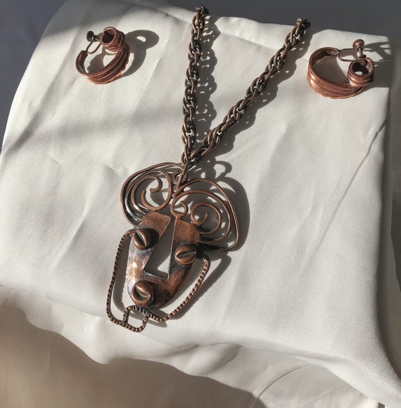 Vintage Rebaje Copper Brutalist African Necklace and Screw Back Earrings Set Etsy