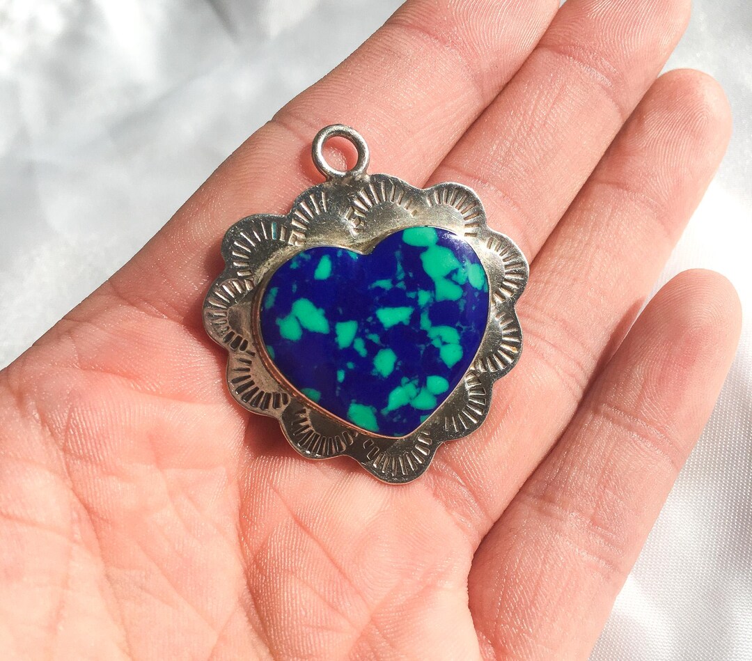 Vintage 925 TS-10 Mexico Azurite Scalloped Heart Pendant, 1.25 ...