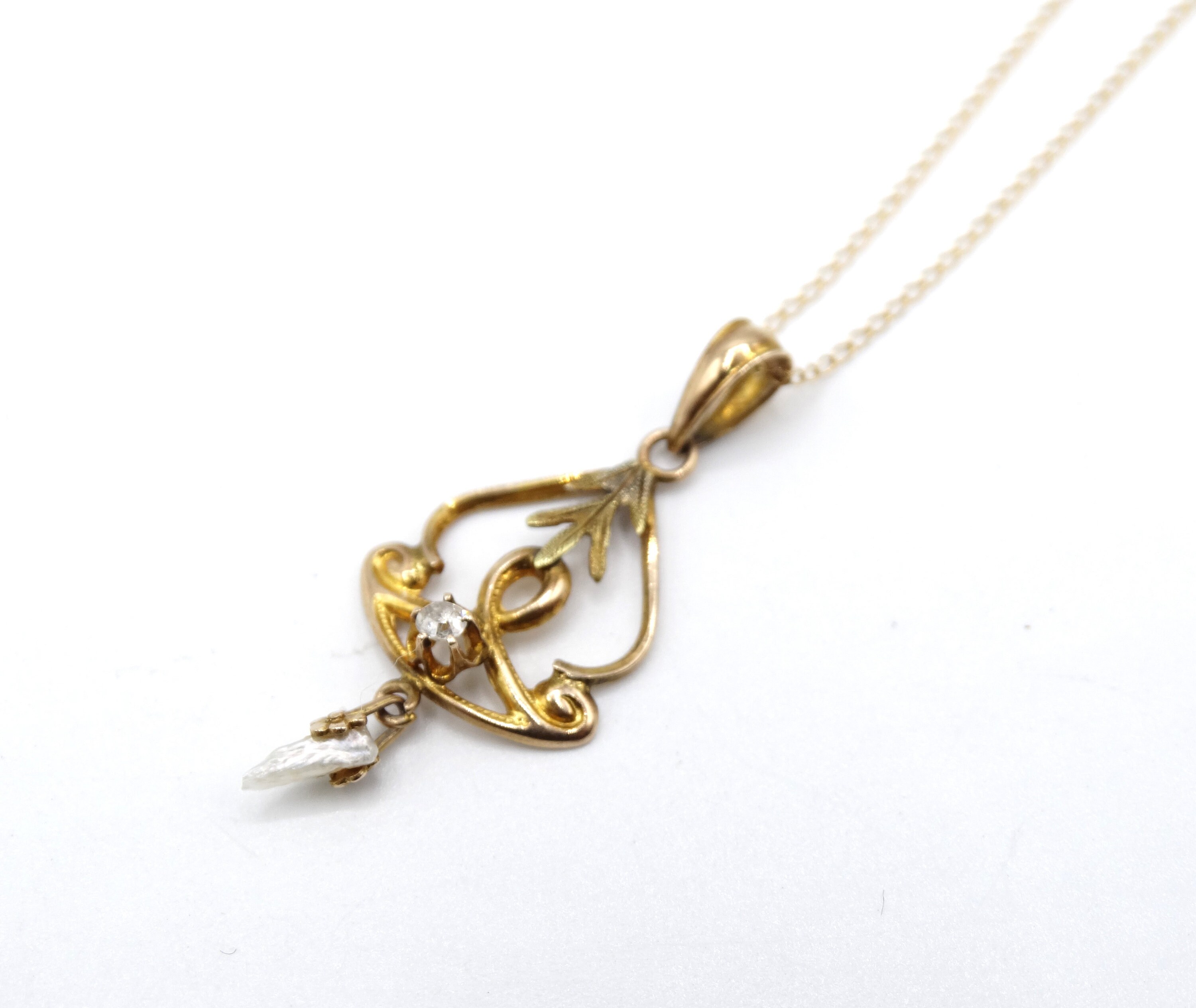 Edwardian Lavalier 10K Gold Diamond Pearl Necklace Signed - Etsy