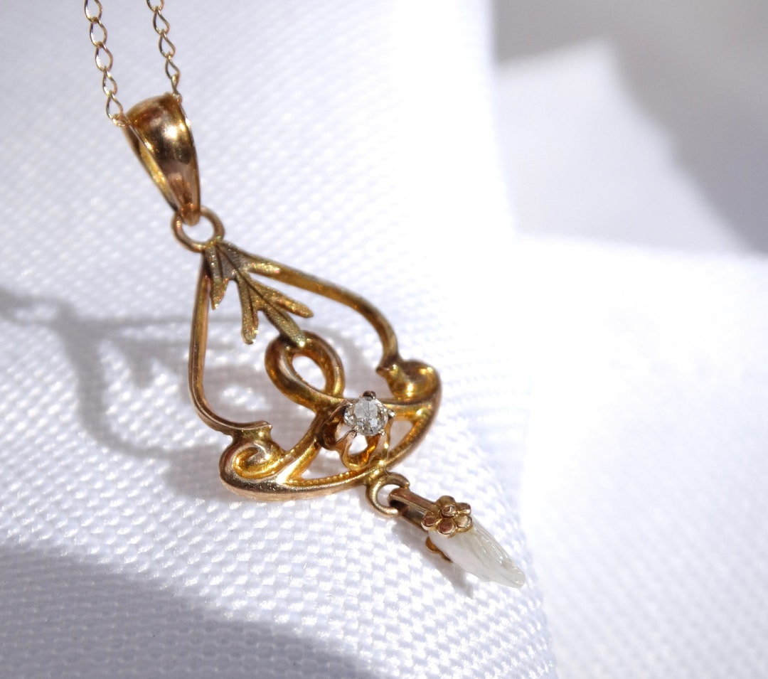 Edwardian Lavalier 10K Gold Diamond Pearl Necklace, Signed Otsby Barton ...