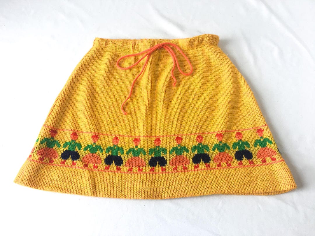 Vintage 70s Love Bug Yellow Child Patterned Tie Front Knit Skirt, 24 ...