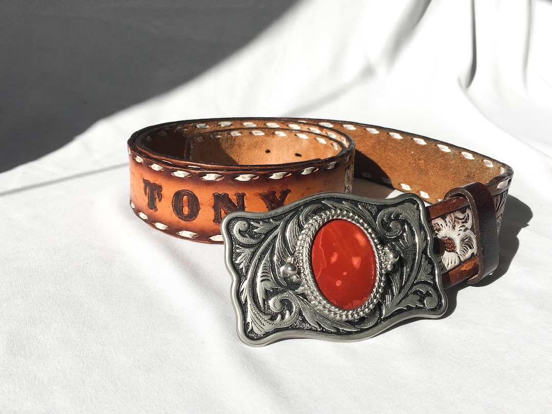 Vintage 80s Tony Lama Tooled Leather "tony" Belt With Floral Engraving ...