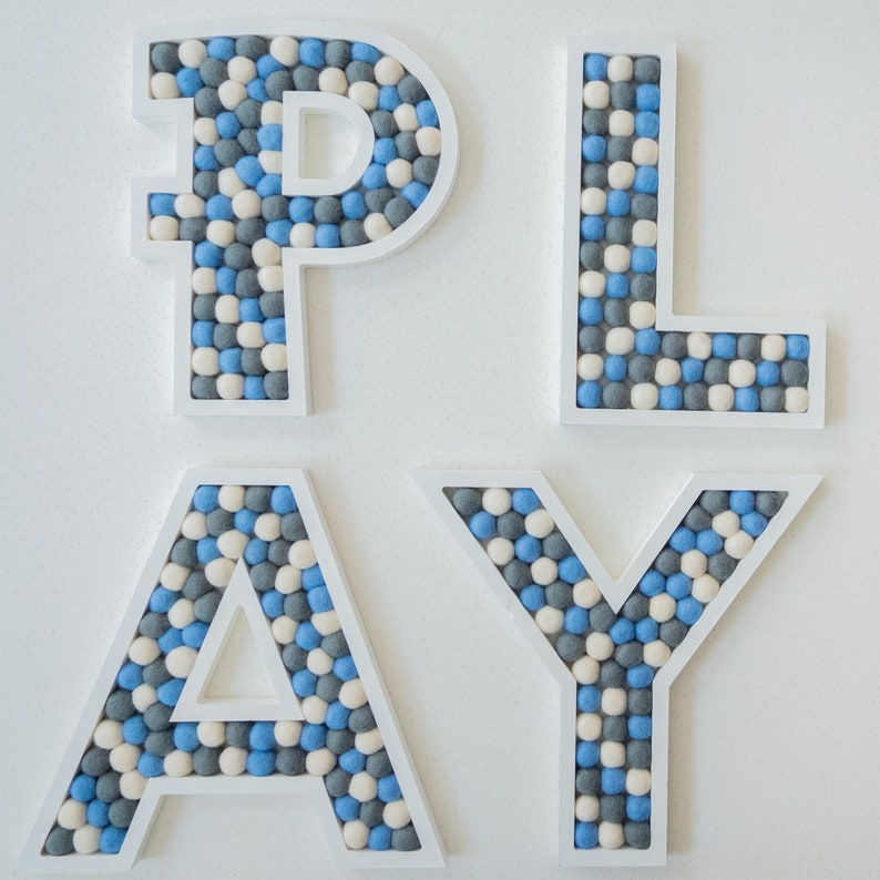 Wooden Felt Ball Word ‘PLAY’ | Filled Pom Pom Word | Home Decor or Gift ...