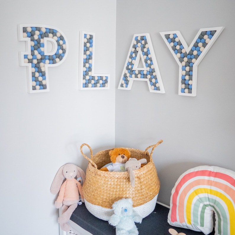 Wooden Felt Ball Word ‘PLAY’ | Filled Pom Pom Word | Home Decor or Gift ...