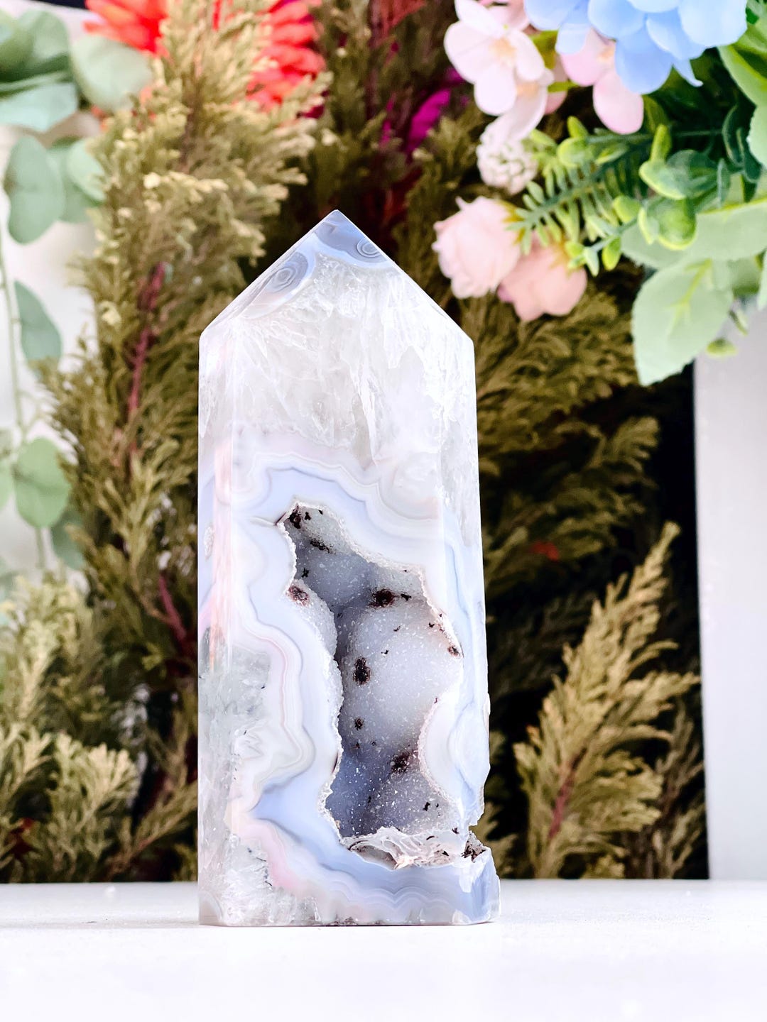 Agate With Amethyst Flower Tower, Super Unique Agate Druzy Tower Point ...