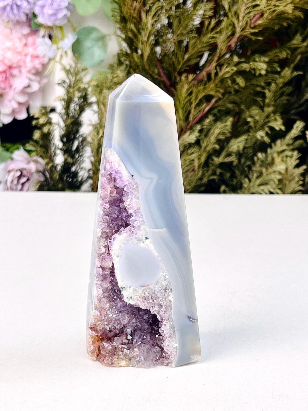Agate With Amethyst Flower Tower, Super Unique Agate Druzy Tower Point ...