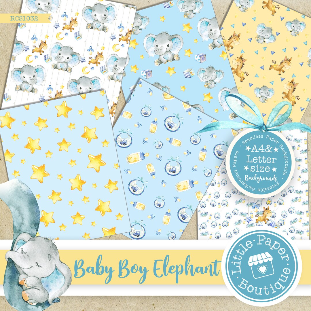 SEAMLESS A4 Letter Blue Elephant Baby Shower, Mint Gray Elephant Baby ...