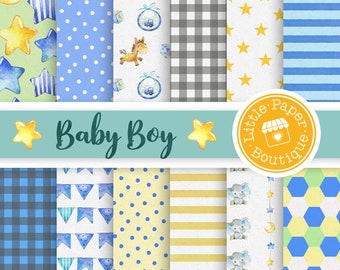 Baby Boy Digital Paper, Baby Shower Scrapbook, Blue & Grey Elephant ...
