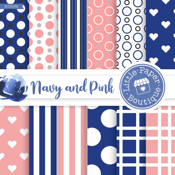 Navy Pink Digital Paper Set Rainbow Patterned Paper Polka | Etsy