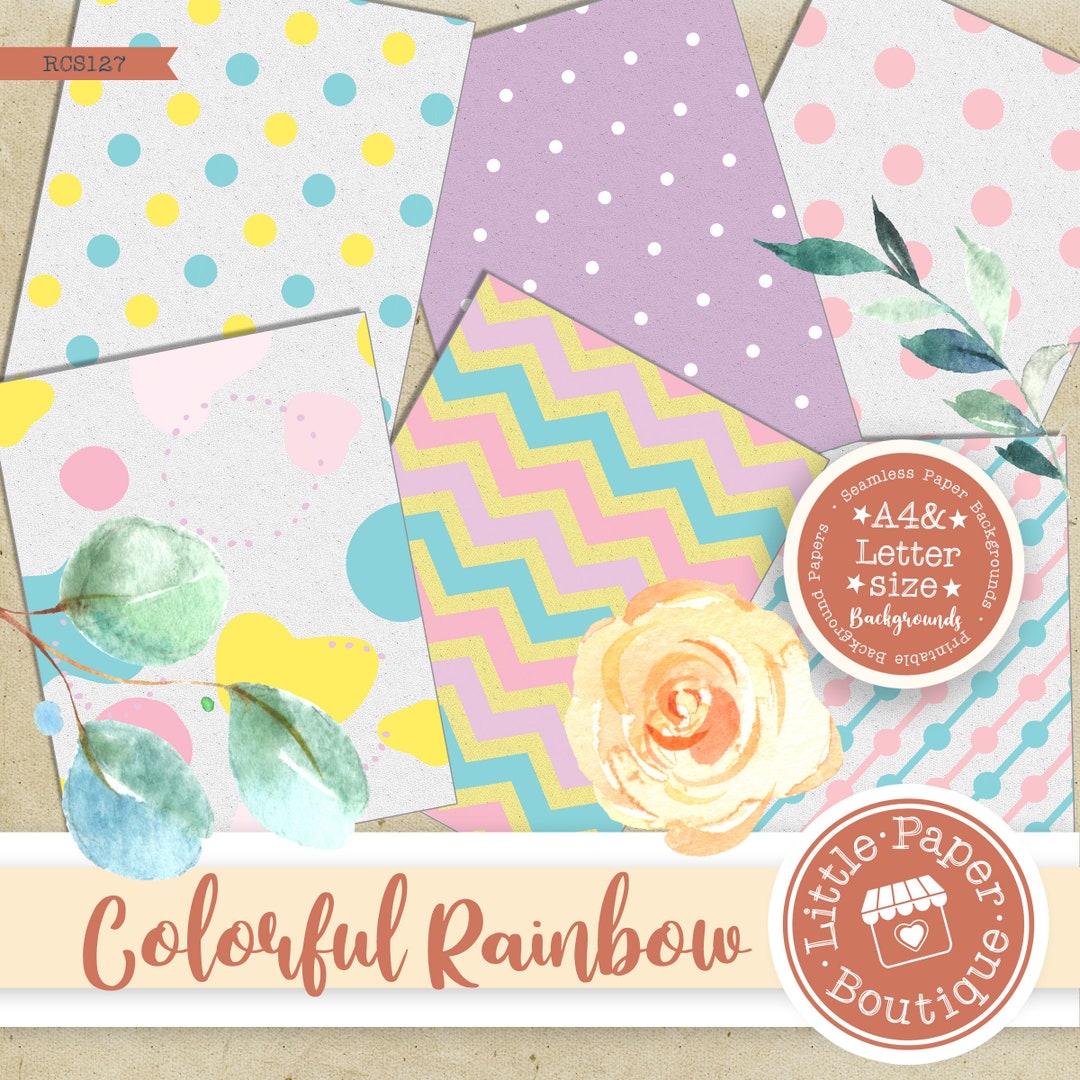 SEAMLESS A4 Letter Rainbow Digital Paper Set - Stripe, Polka, Chevron ...