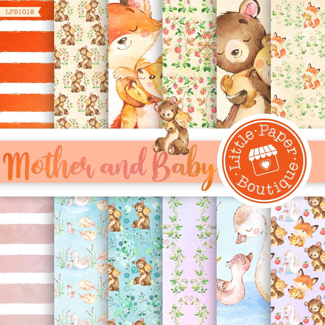 Nursery Digital Paper Pack, Mommy and Me Digital Papers, Baby Animal ...