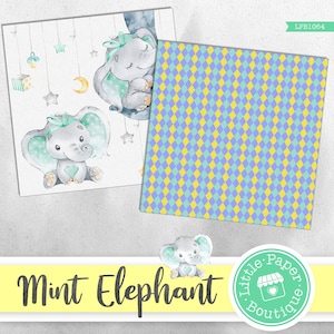 Baby Boy Digital Paper, Baby Shower Scrapbook, Blue & Grey Elephant ...