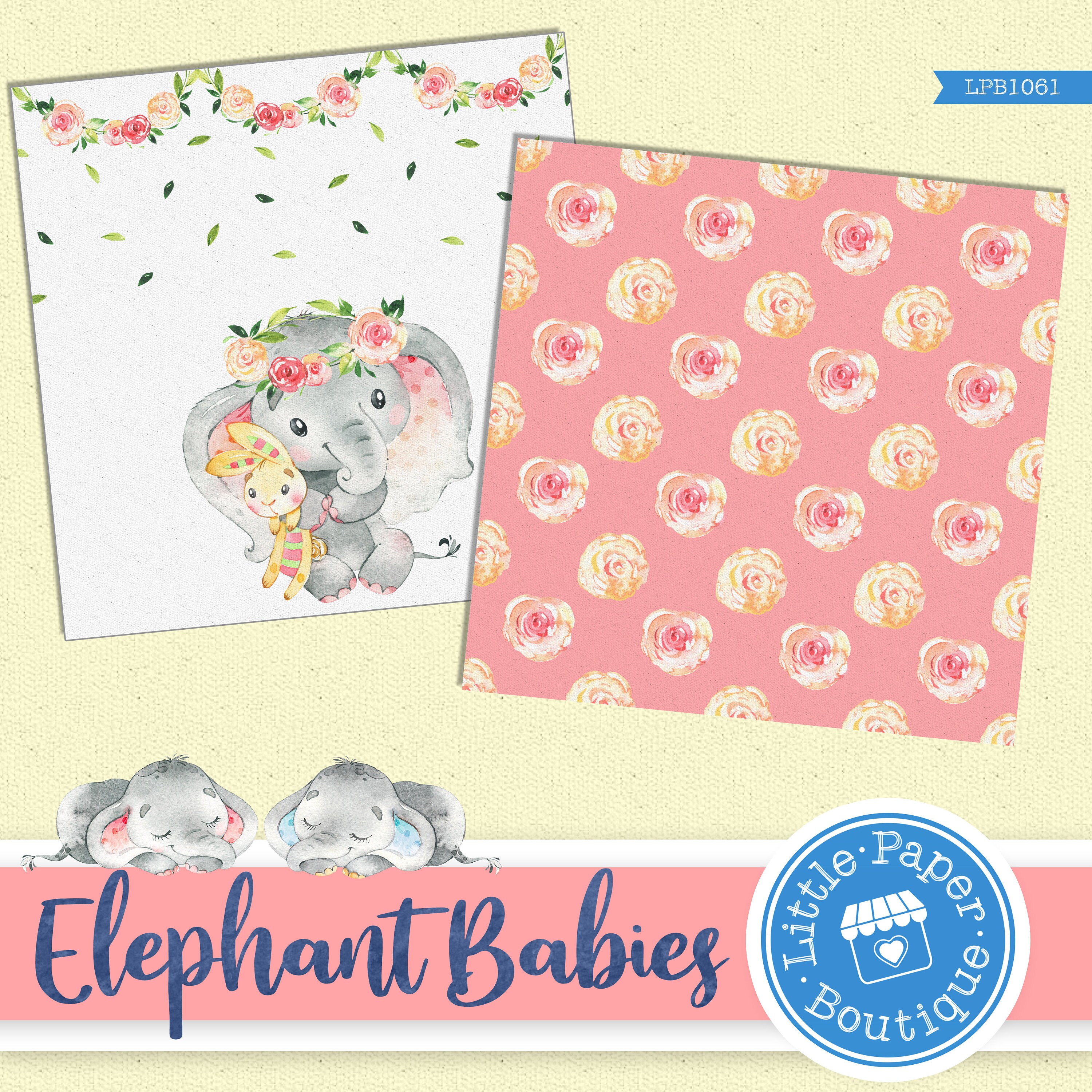 Baby Boy Digital Paper, Baby Shower Scrapbook, Blue & Grey Elephant ...