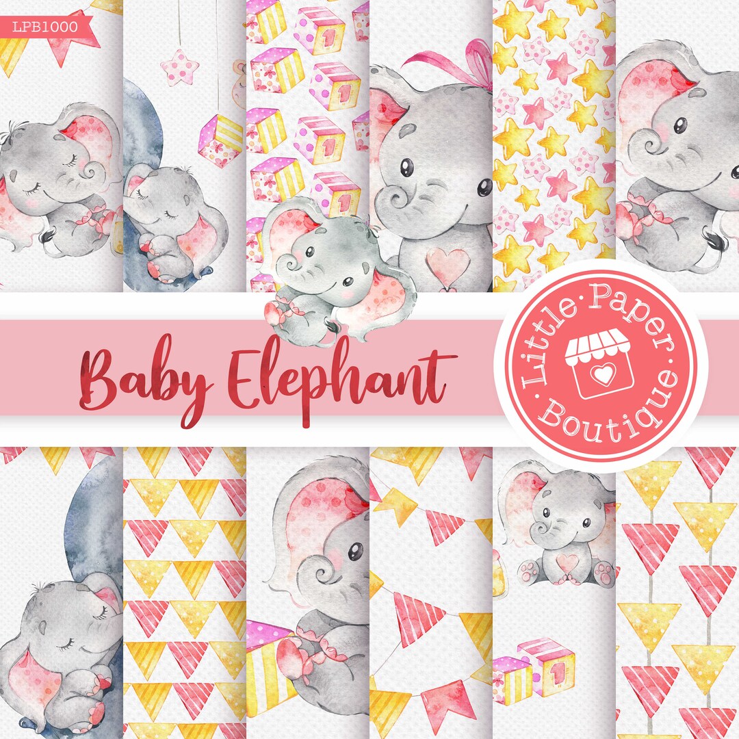 Baby Girl Digital Paper, Baby Presents, Baby Shower, Baby Elephant ...