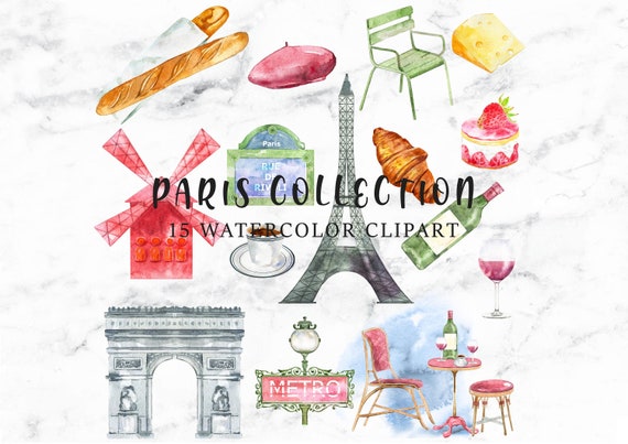 Paris Watercolor Clipart France Eiffel Tower France Roses | Etsy