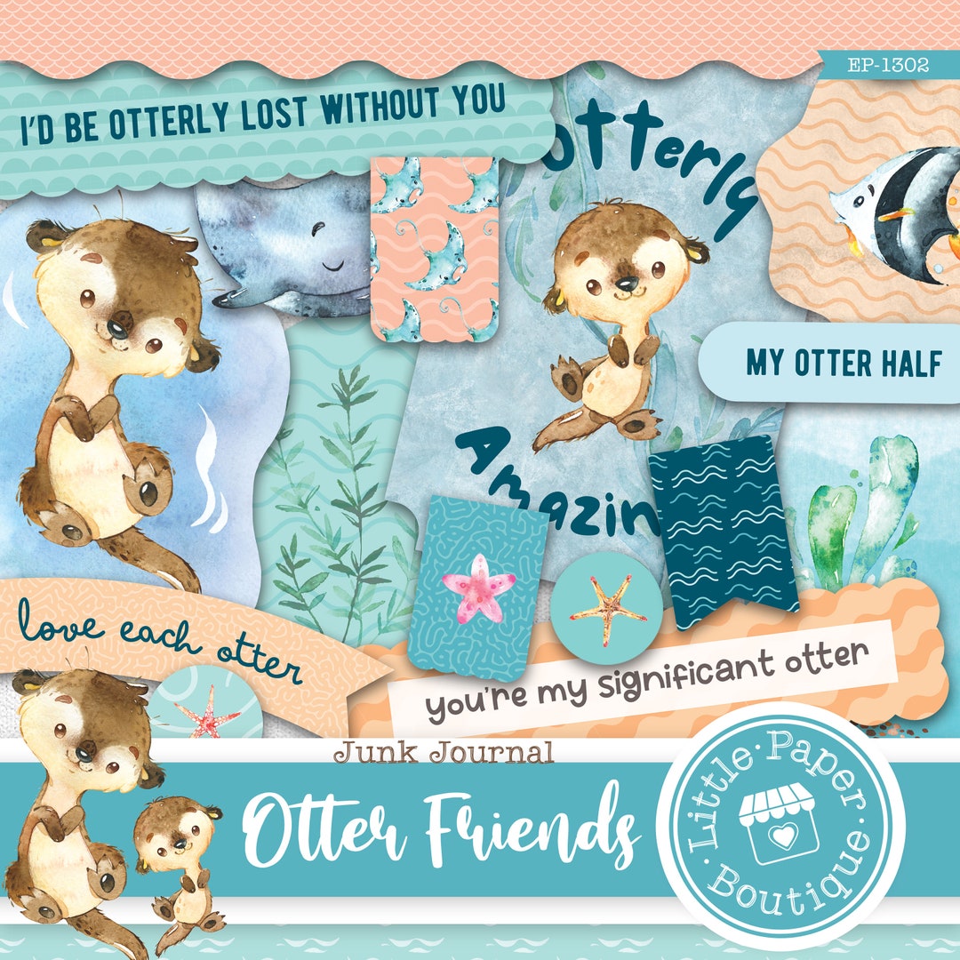 Sea Otters Family Digital Printable Paper With Ephemera Elements ...
